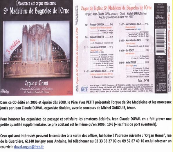CD 2006 : retirage limité – Jean Claude Duval Organiste